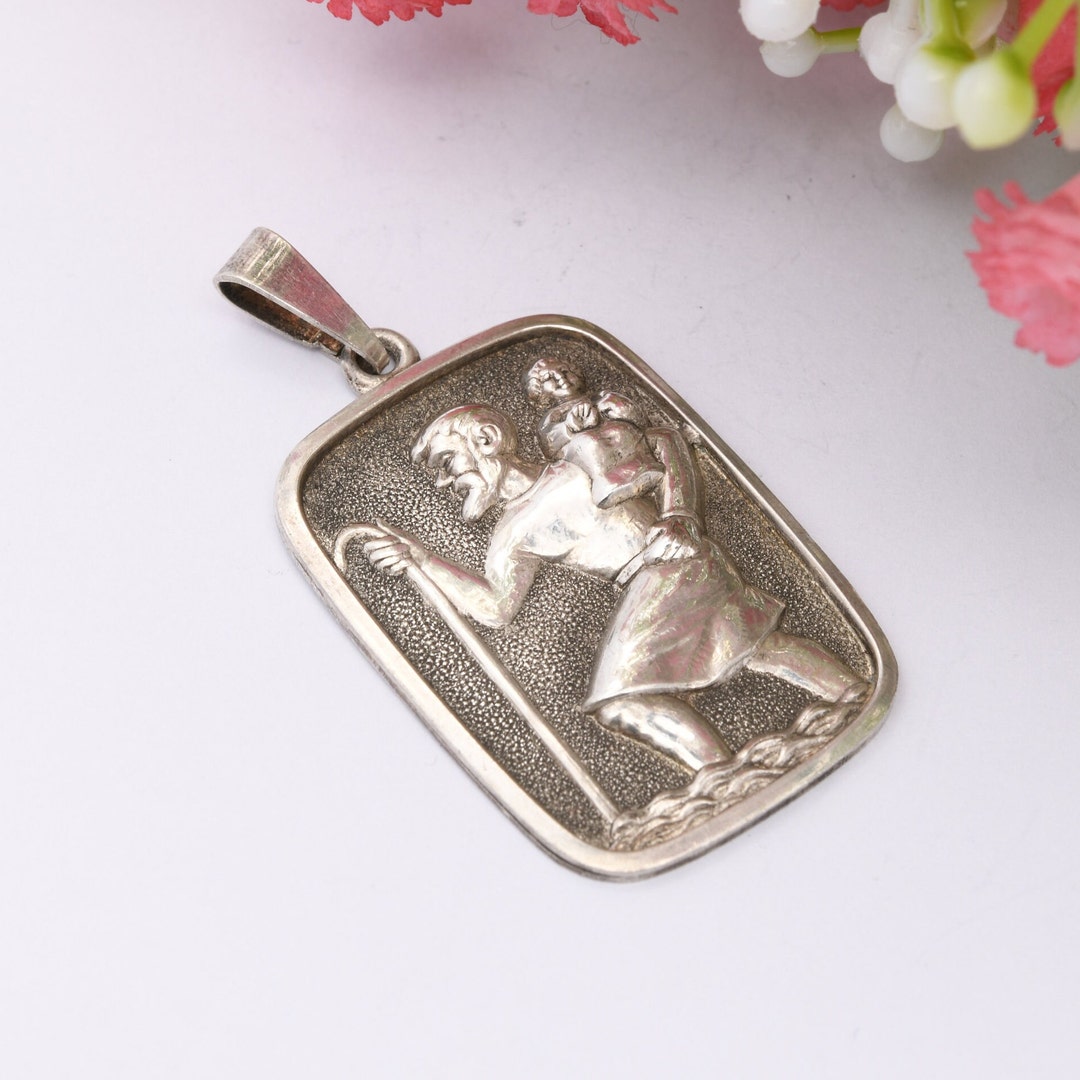 Vintage Sterling Silver St. Christopher Charm Pendant Rectangle 3D ...