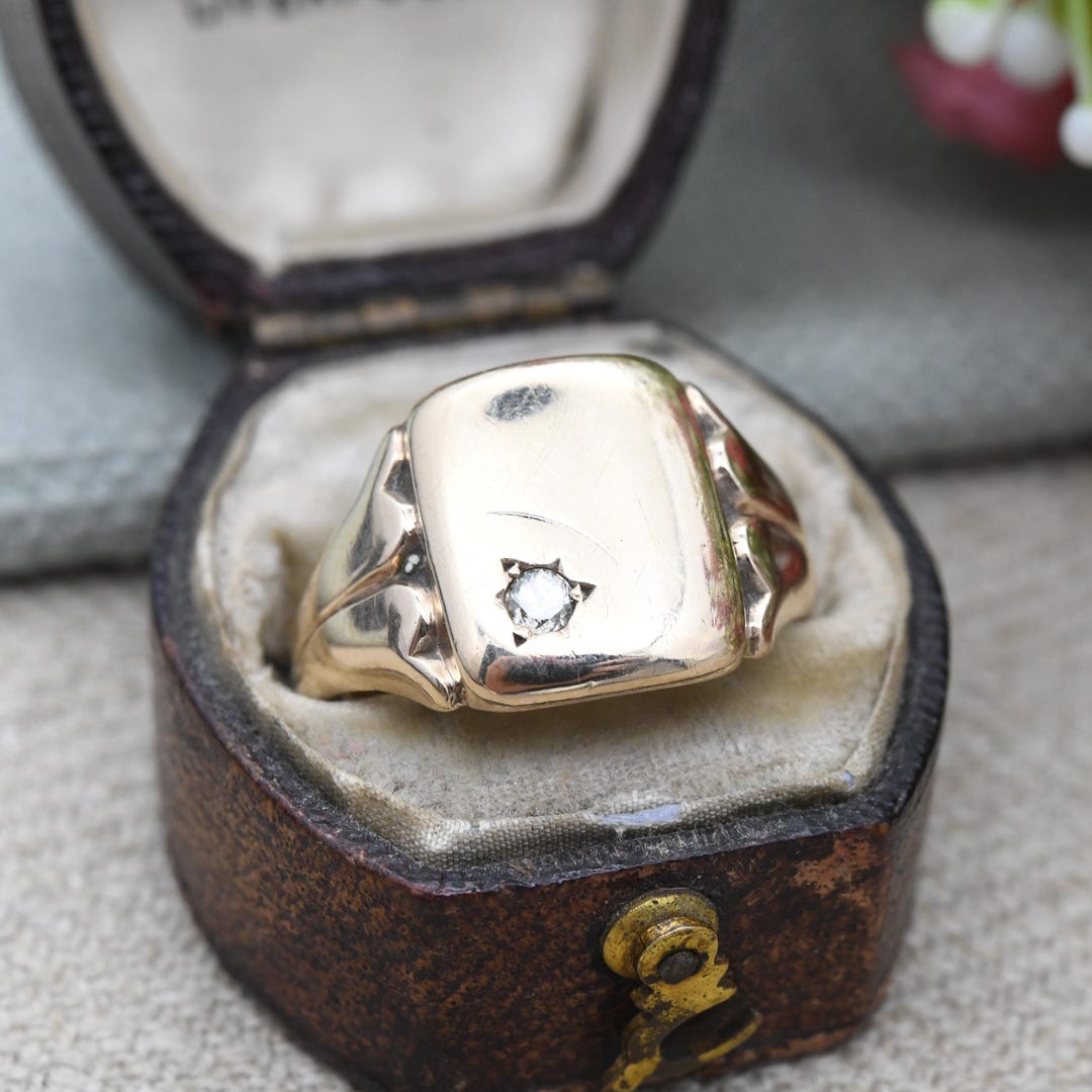 Vintage 9ct Gold Diamond Signet Ring 1960 Flush Star Setting - Unisex ...