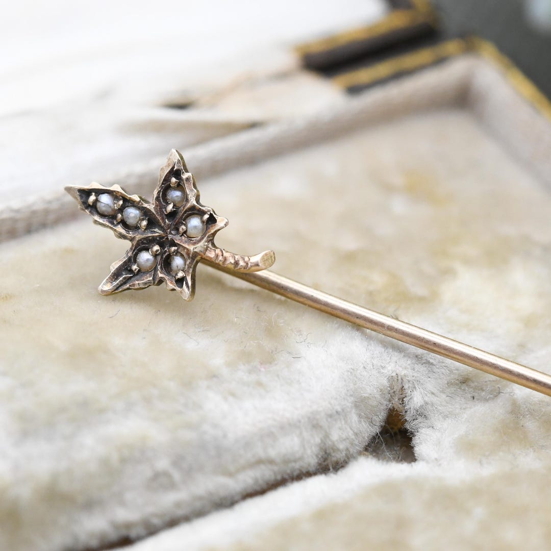 Antique 10ct Gold Leaf Stick Pin With Seed Pearls - Edwardian Small ...