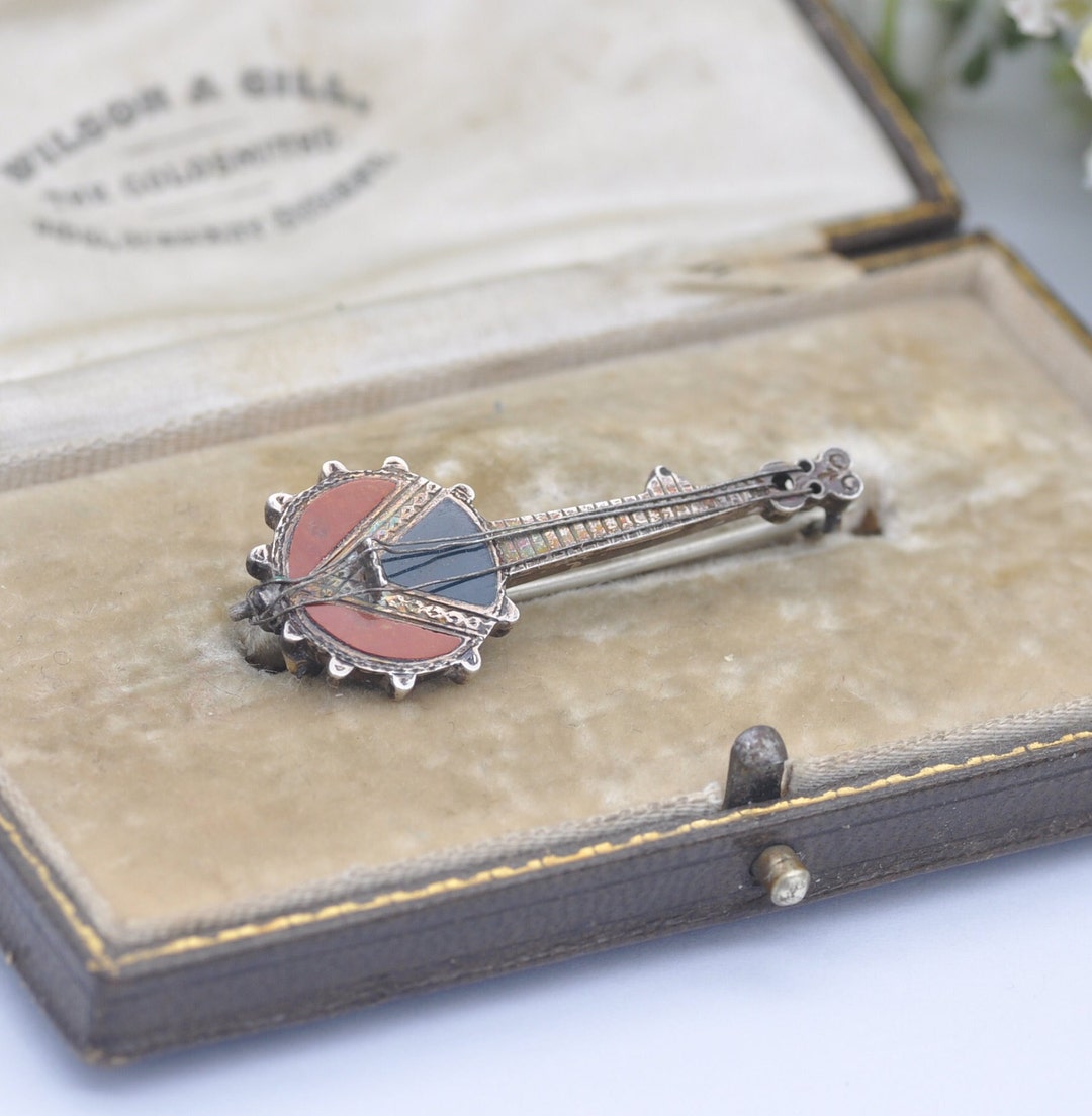 Antique Sterling Silver Jasper Banjo Brooch - Novelty Victorian Musical ...