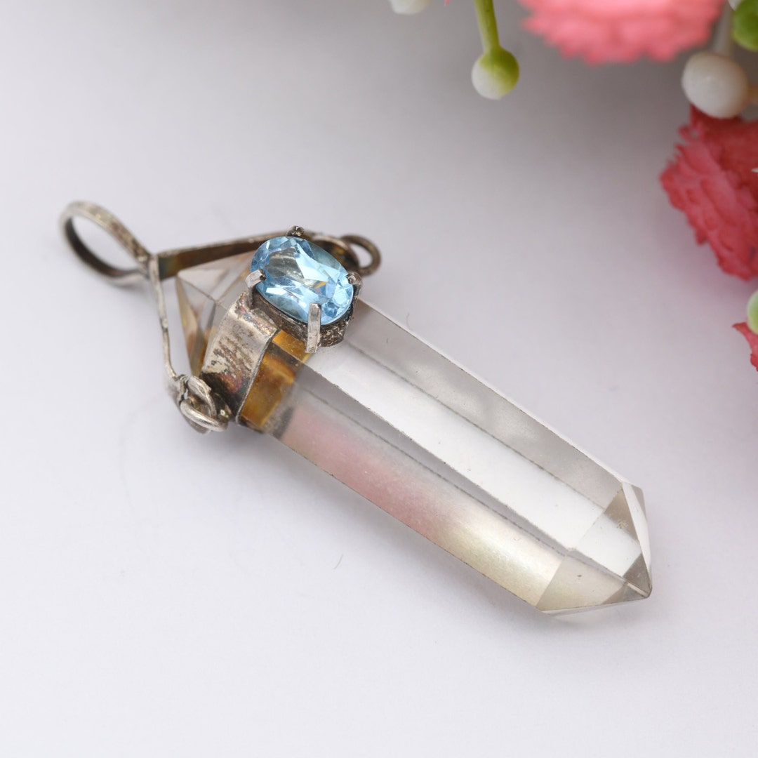 Vintage Crystal Gemstone Pendant Clear Crystal Glass Blue Stone Faceted ...