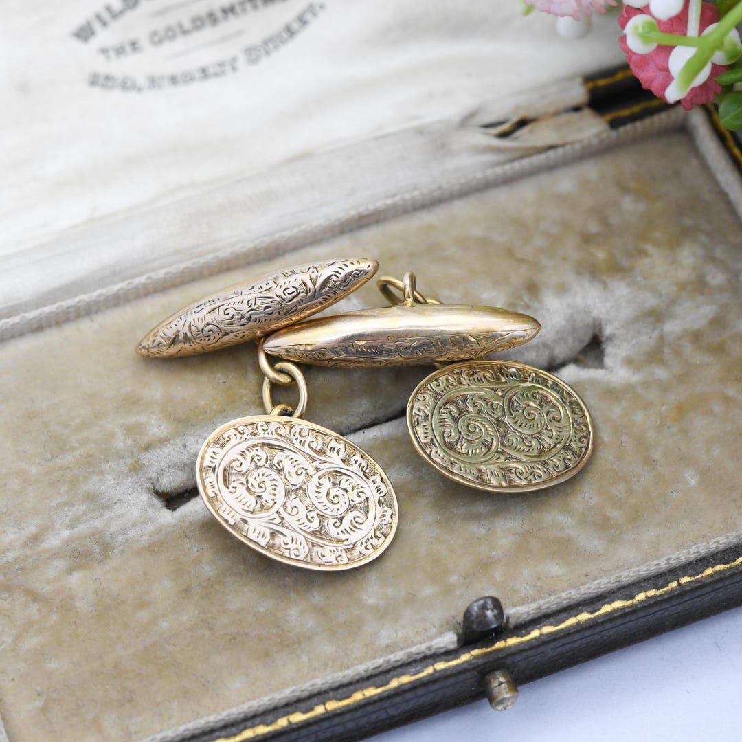 Antique 9ct Gold Cuff Links Hand Engraved Scrolling Deakin & Francis ...