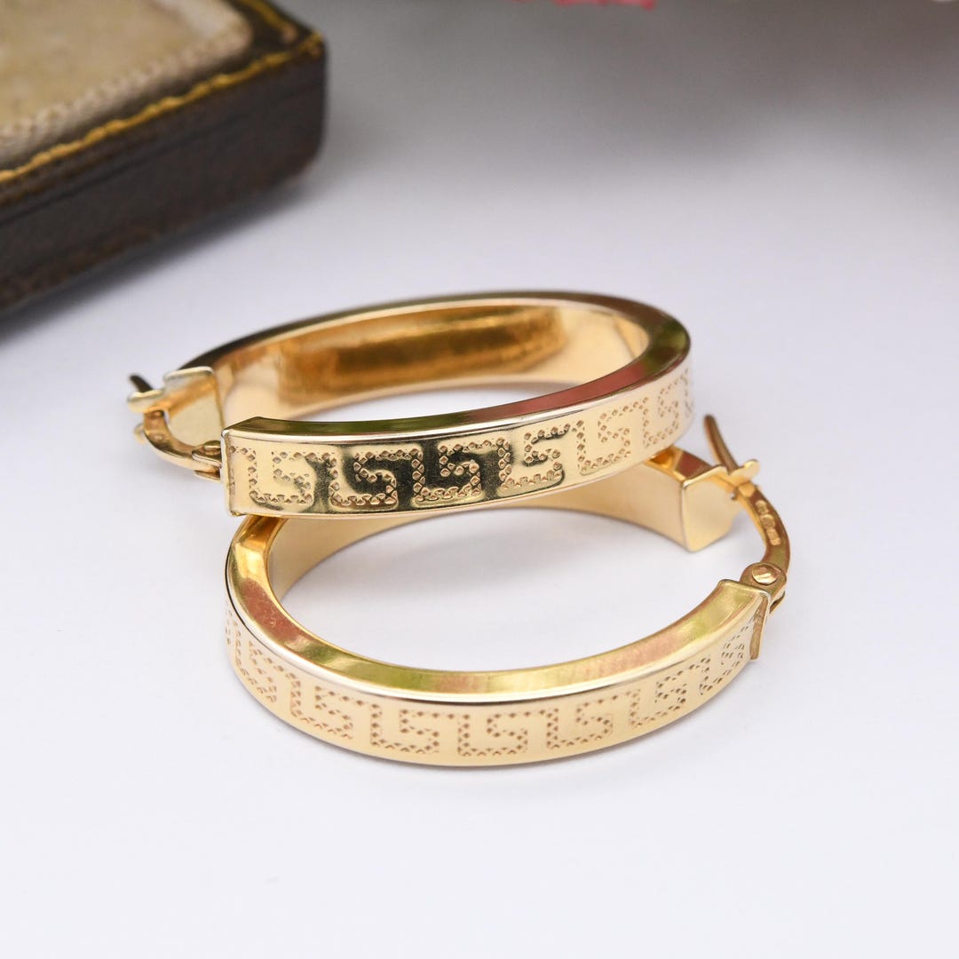 Vintage 9ct Gold Hoop Earrings With Meander Design Chunky Hollow Hoops Oval Greek Key Pattern ...