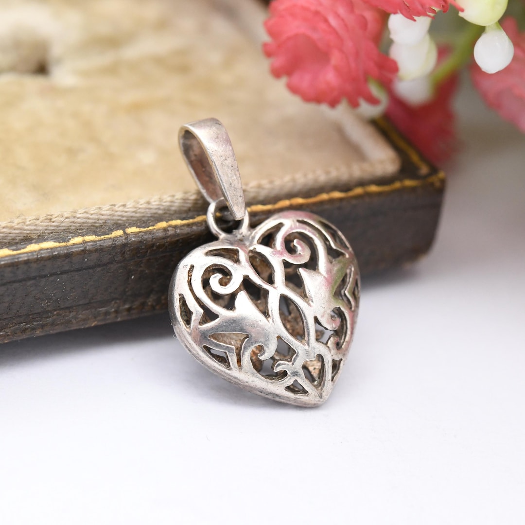 Vintage Sterling Silver Puffed Heart Openwork Pendant - Ornate Openwork ...