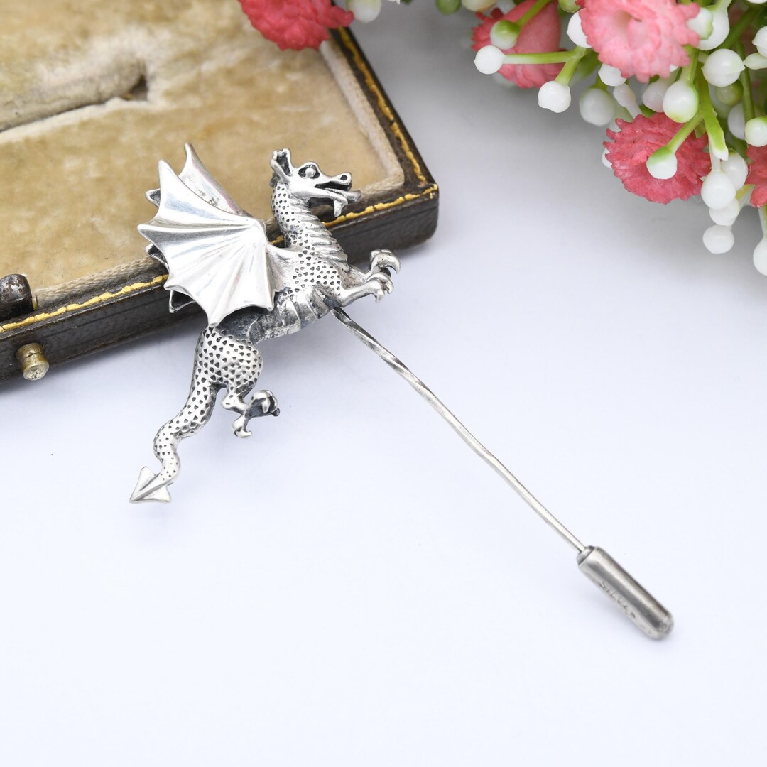 Vintage Sterling Silver Dragon Stick Brooch Tie Pin 1986 Large Textured ...