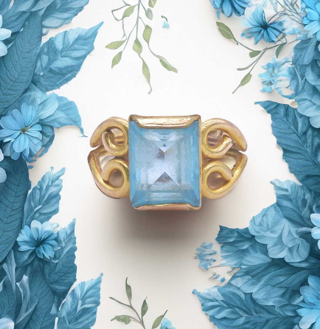 Vintage Rolled Gold Ring With Blue Paste Stone Scrolling Heart ...