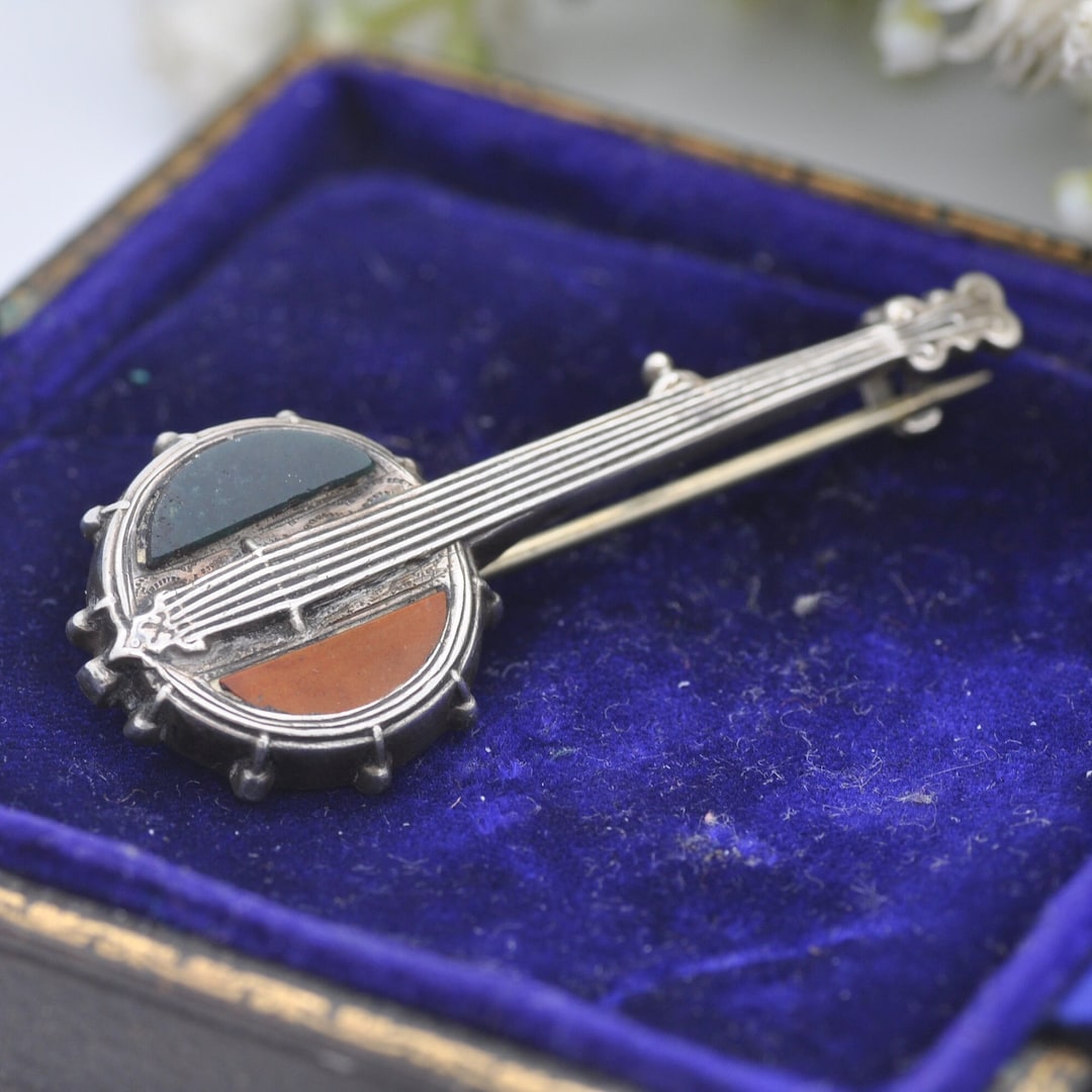 Antique Sterling Silver Jasper Banjo Brooch - Novelty Victorian Musical ...