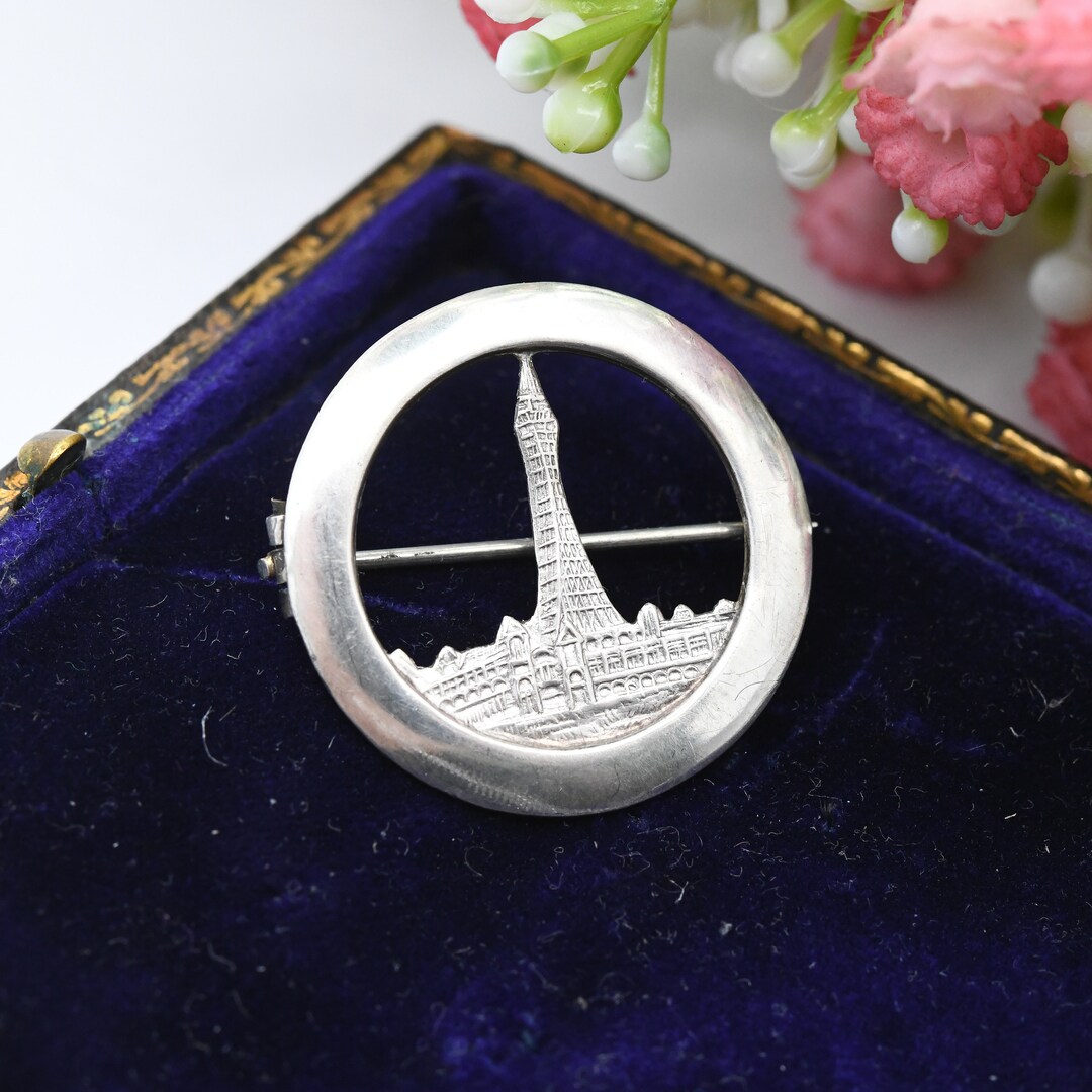 Antique Sterling Silver Blackpool Tower Brooch Openwork Circle Design ...