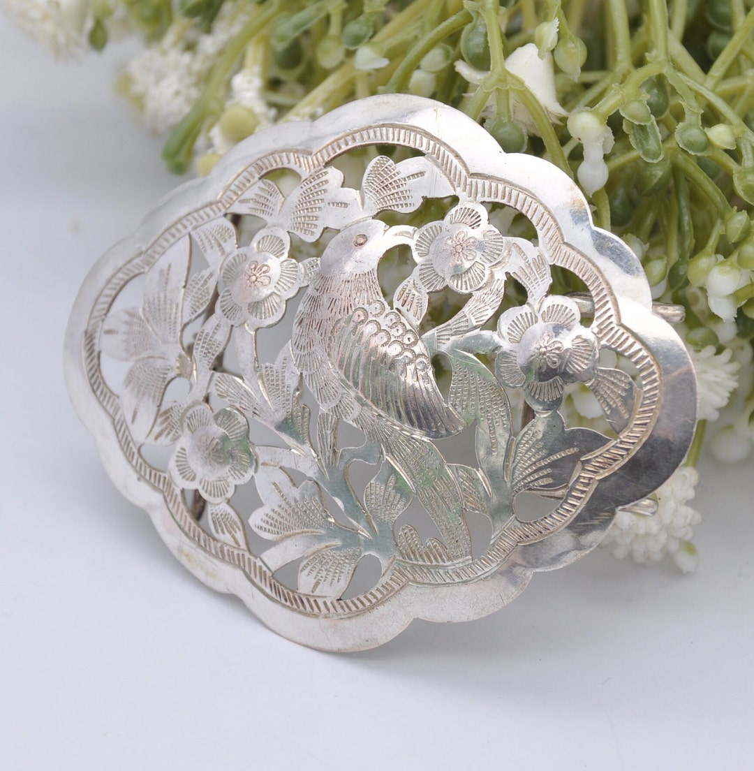 Antique Chinese Silver Belt Buckle - Aesthetic Movement Bird and Flower ...