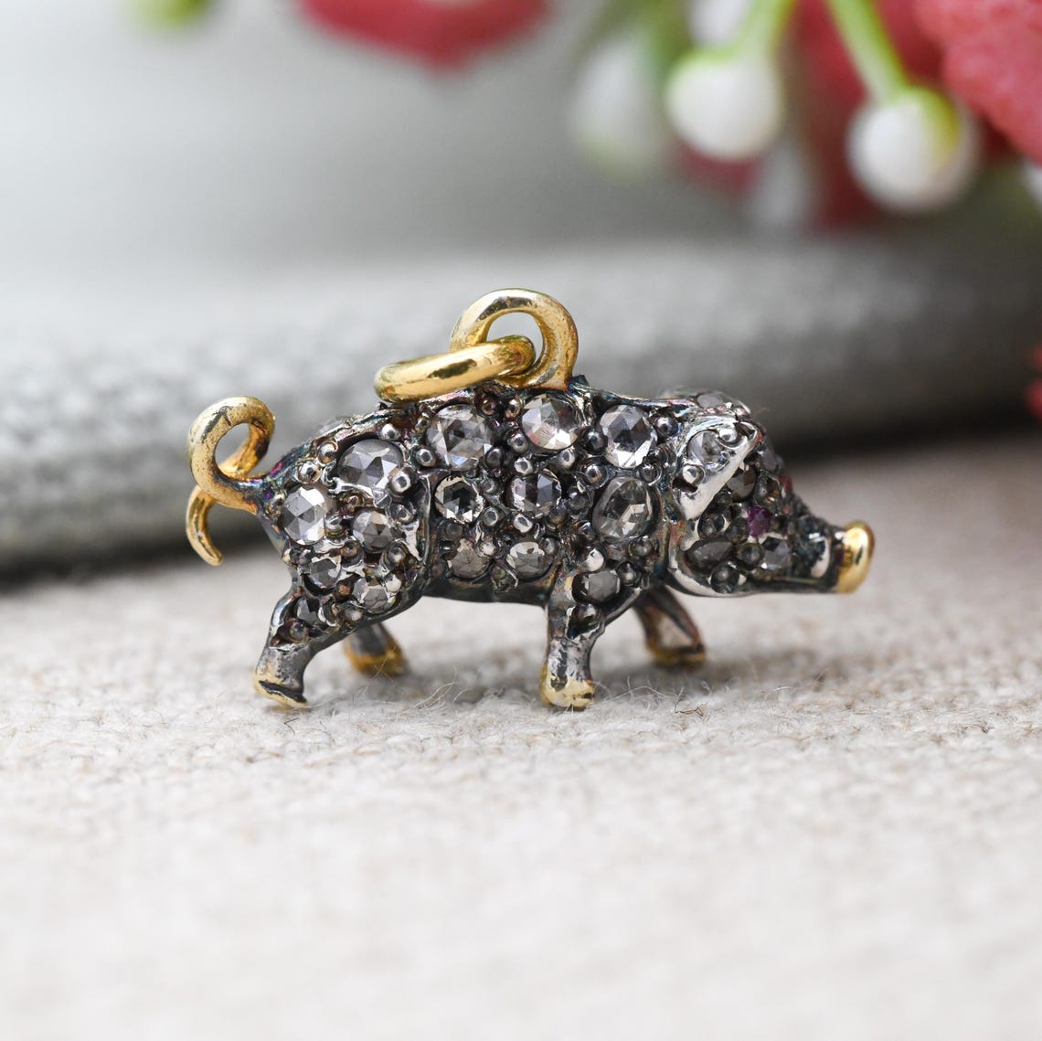 Antique Victorian Diamond and Ruby Pig Pendant Silver and Gold - Rose ...