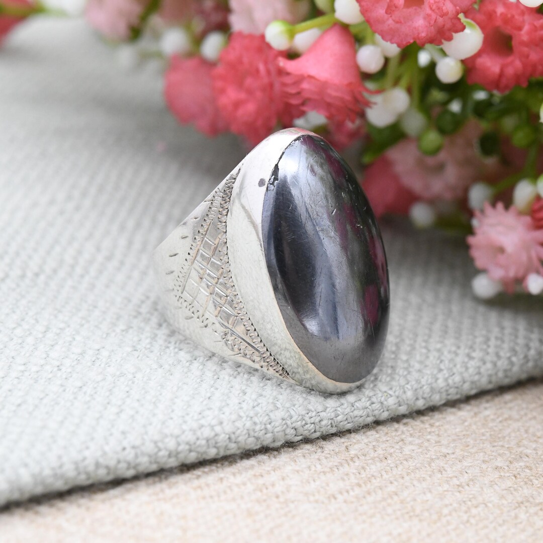 Vintage Siam Sterling Silver Black Stone Ring - Large Cabochon Gemstone ...