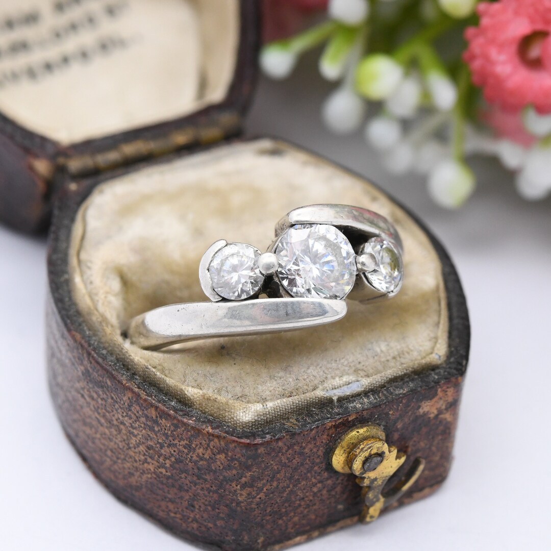 Sterling Silver Cubic Zirconia Three Stone Ring - Large White Stones CZ ...