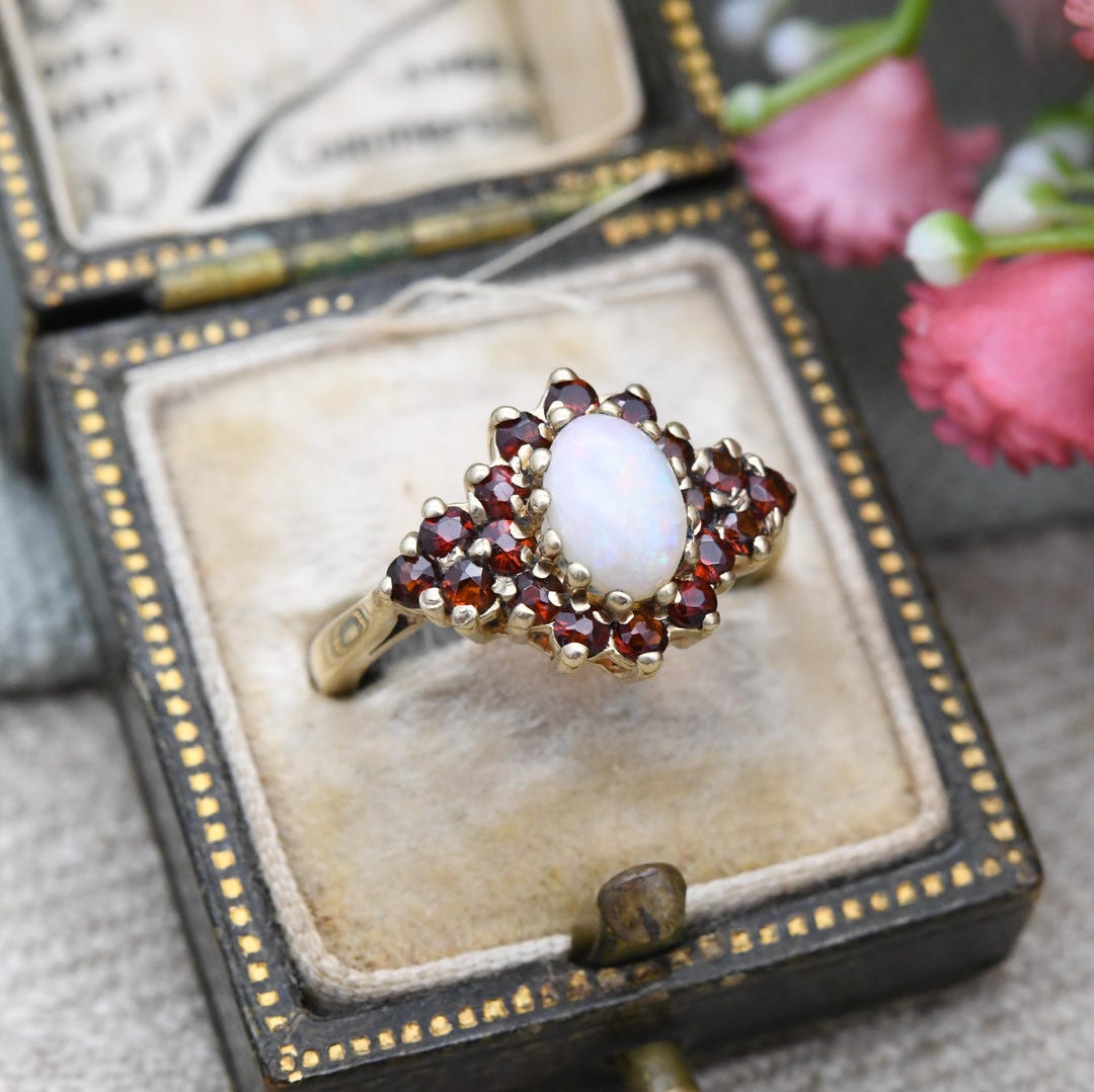 Vintage 9ct Gold Opal and Garnet Cluster Ring 1990 - Dramatic Statement ...
