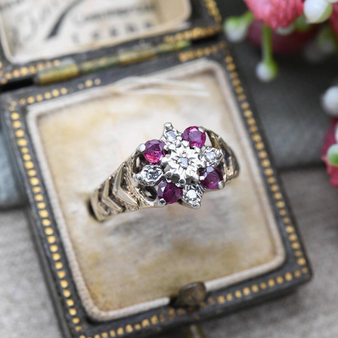 Vintage 9ct Gold Ruby Diamond Floral Cluster Ring 1976 by Slade and ...