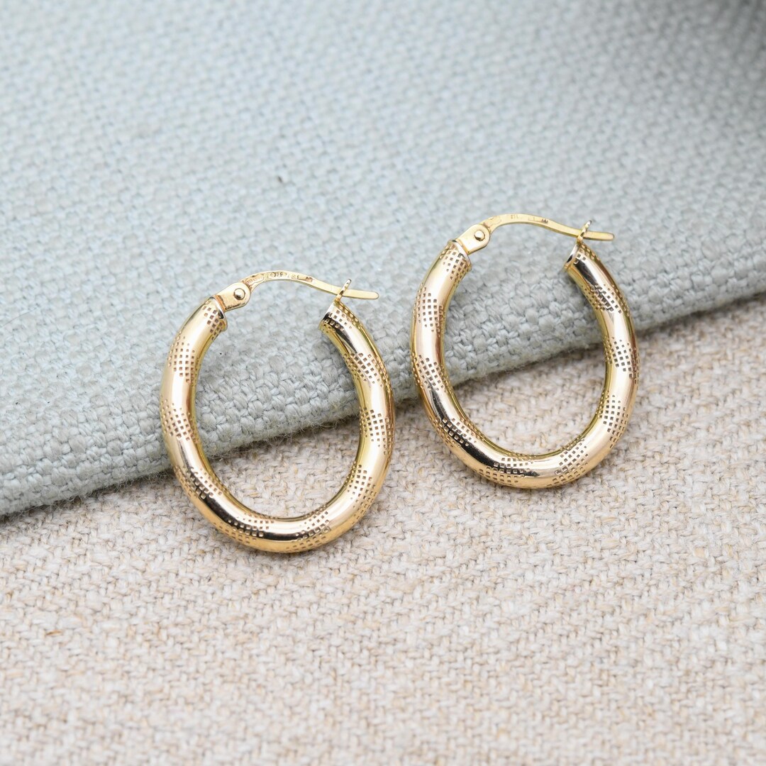 9ct Gold Hoop Earrings - Textured Design | Hollow Hoops | Yellow Gold ...