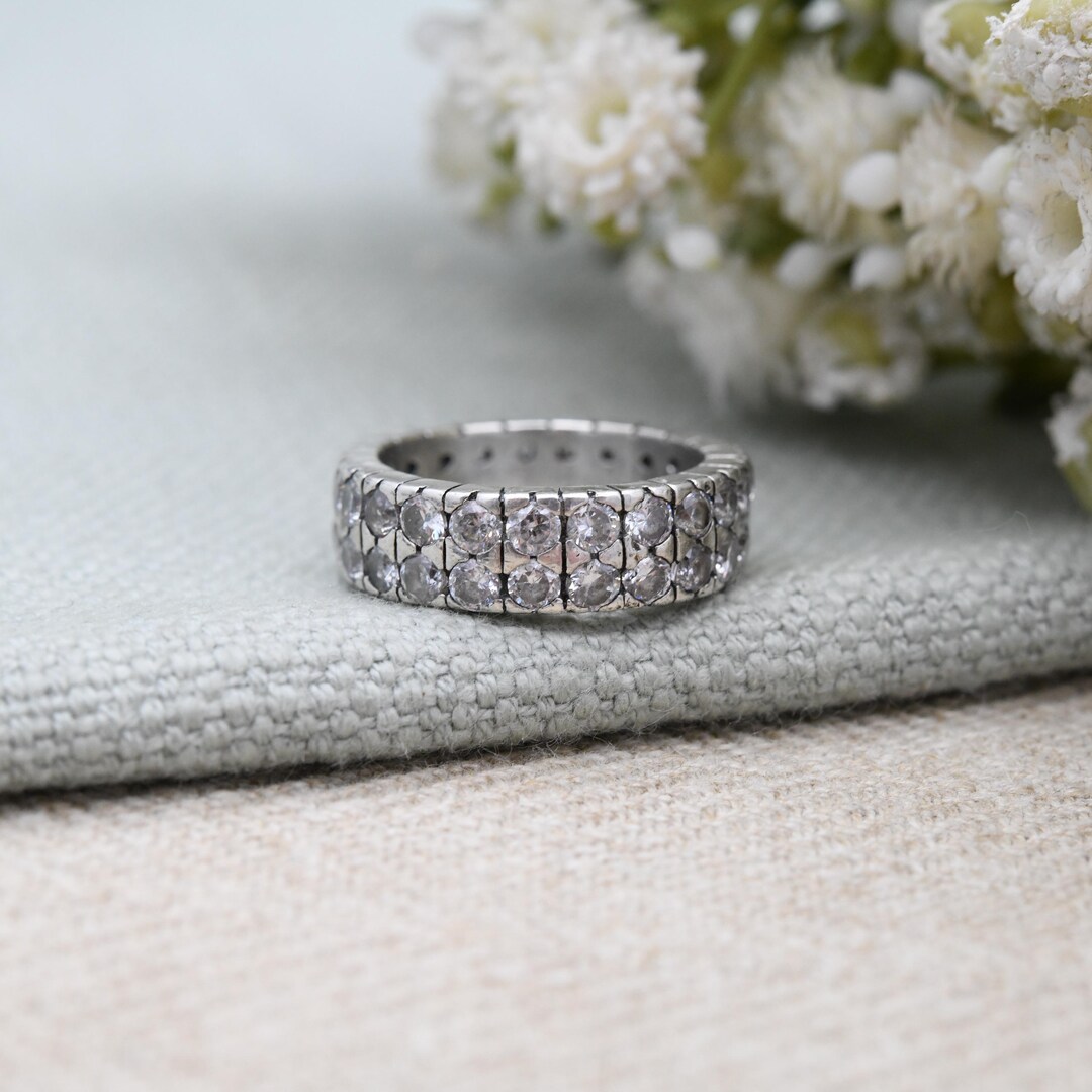 Vintage Sterling Silver Double Eternity Band Ring - Two Rows Sparkly ...