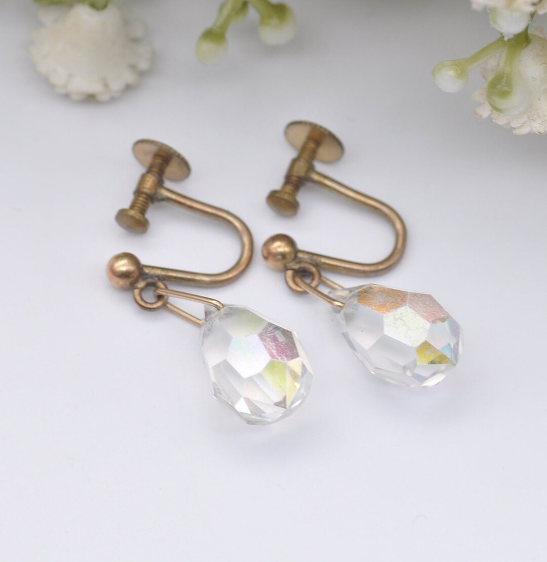 Vintage Rolled Gold Aurora Glass Screw Back Drop Earrings - Aurora ...