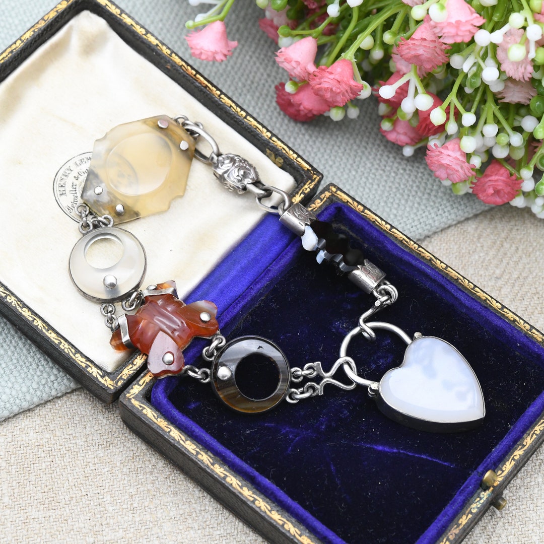 Antique Victorian Silver Scottish Agate Bracelet With Heart Padlock ...