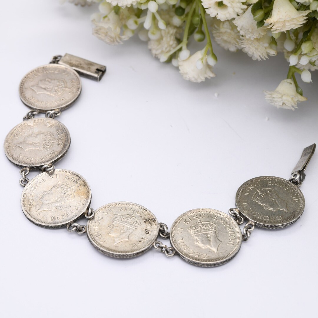 Vintage Silver India 1/4 Rupee Coin Bracelet 1943 - George VI King ...