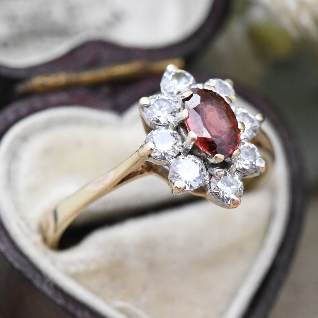 Vintage 9ct Gold Garnet Flower Ring 1984 With Clear Stone Halo - UK ...