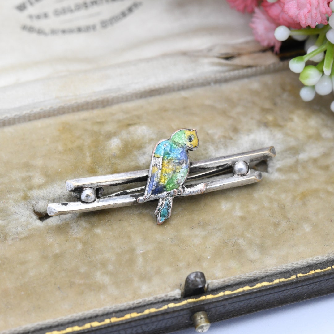 Vintage Enamel Bird Bar Brooch - Colourful Painted Songbird on a Branch ...