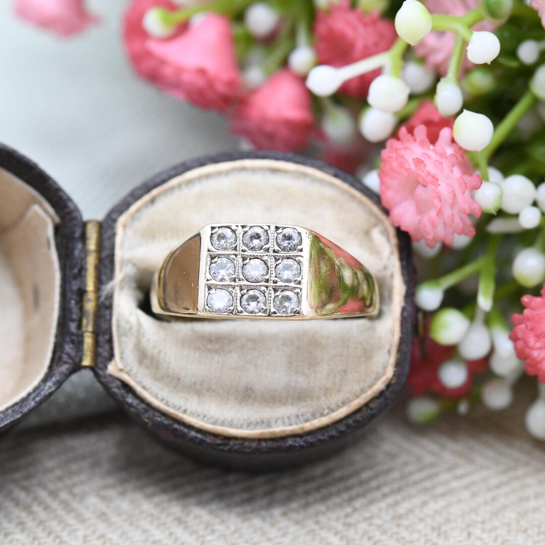 Vintage 9ct Gold CZ Signet Ring - Clear Stones 9 Stone Statement Signet ...
