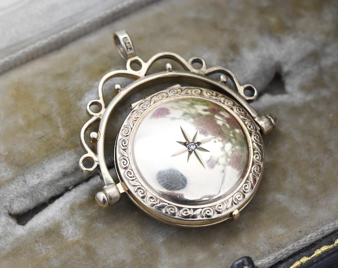 Vintage 9ct Gold Locket Spinning Fob Pendant With Star Set Diamond ...