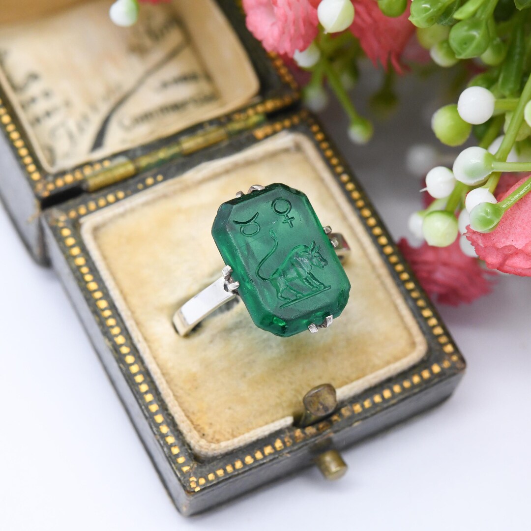 Antique Art Deco Silver Zodiac Intaglio Ring Taurus Bull - Emerald ...