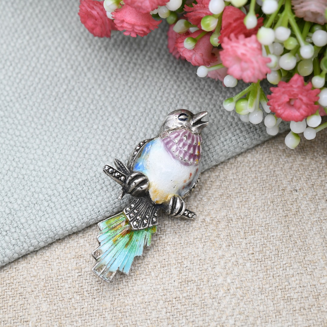 Vintage Silver Enamel Marcasite Bird Brooch - Colourful Painted ...