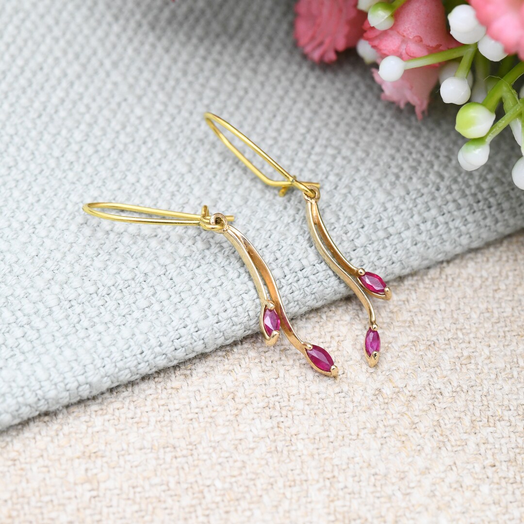 Vintage 9ct Gold Ruby Drop Earrings Delicate Dangle Earrings With ...