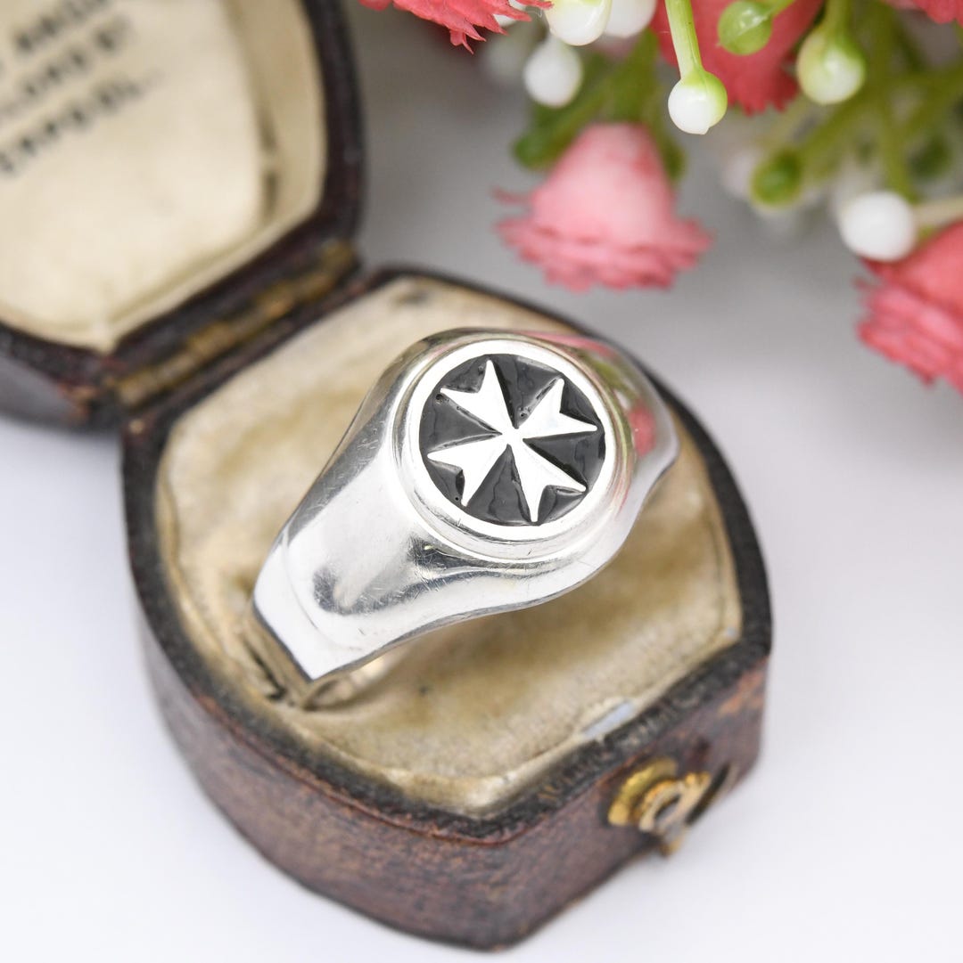Vintage Sterling Silver Maltese Cross Signet Ring Enamel Made in Malta ...