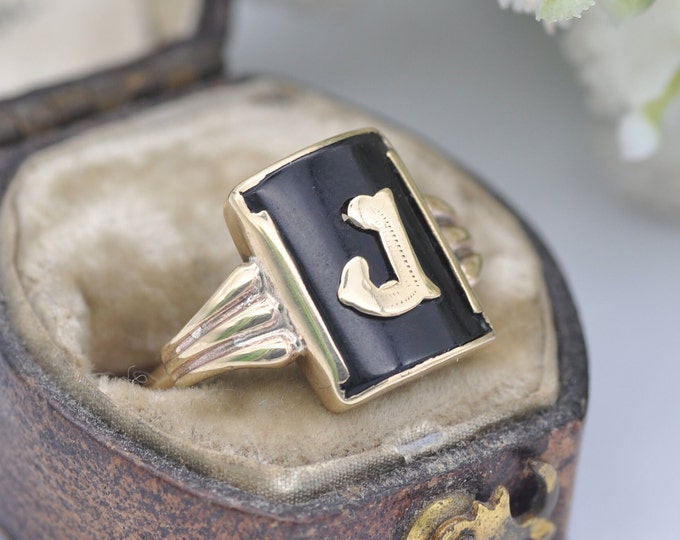 9ct Gold & Onyx Letter J Signet Ring - Vintage | 375 | Initial | Black ...