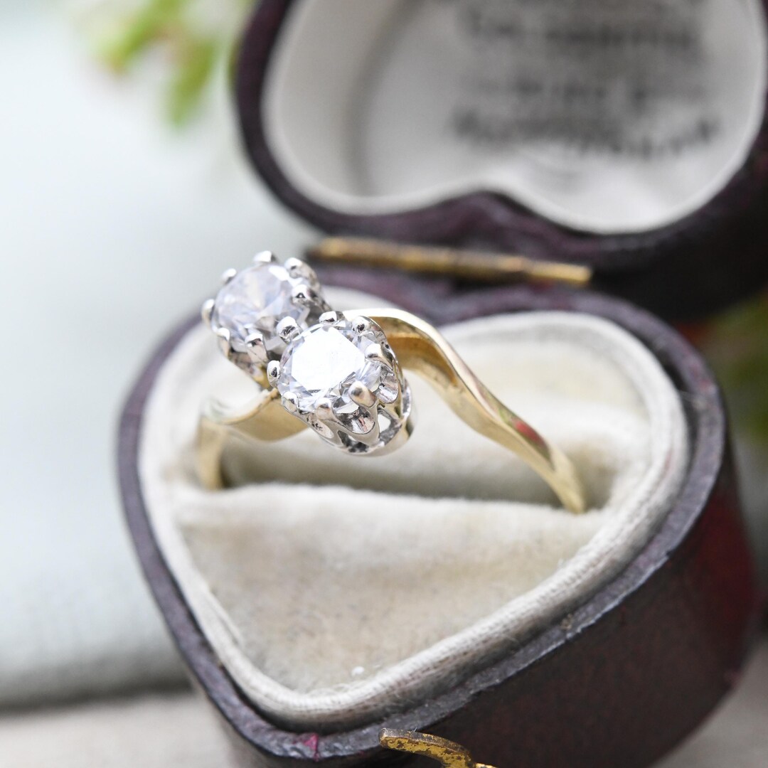 Vintage 9ct Gold Toi Et Moi Ring 1986 With Large White Stones CZ ...