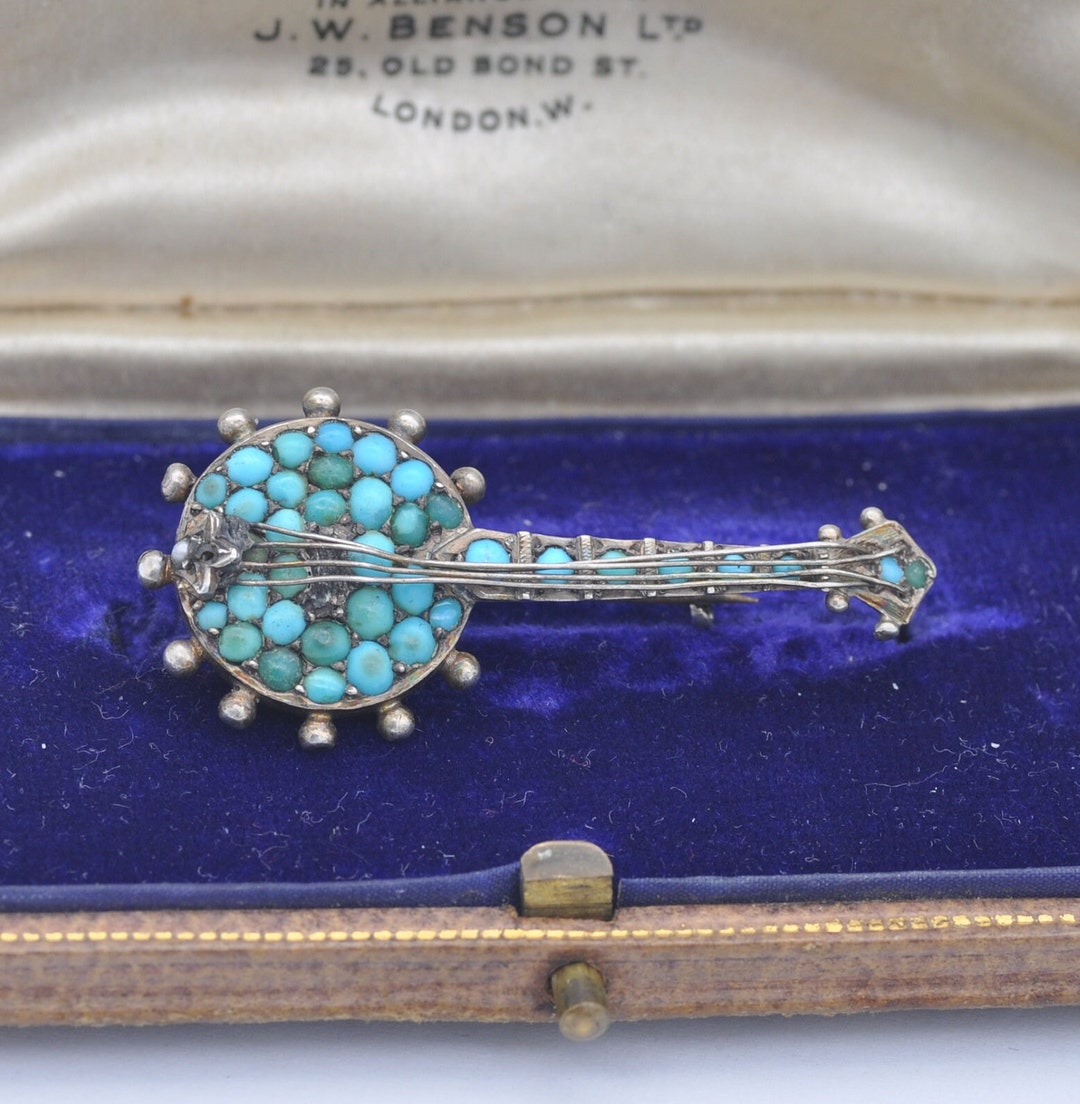 Antique Victorian Turquoise Sterling Silver Banjo Brooch With Seed ...
