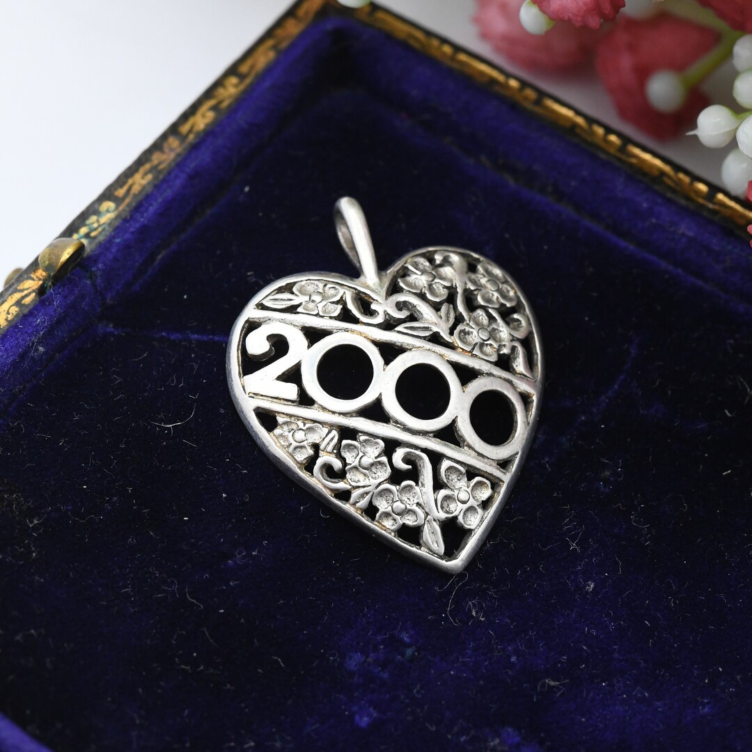 Vintage Sterling Silver 2000 Millennium Pendant Flower Heart Shape ...