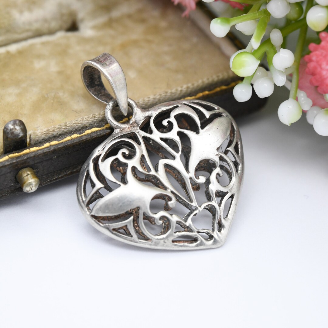 Vintage Sterling Silver Puffed Heart Pendant Floral Openwork Design ...
