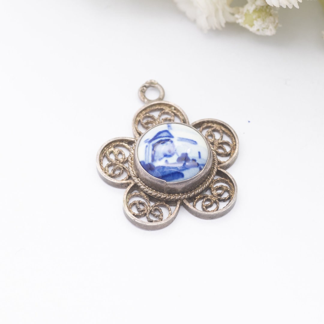 Vintage Dutch Silver Blue Delft Windmill Pendant - Filigree Flower ...