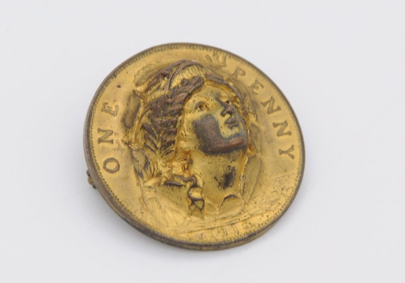 Antique Repousse One Penny Lady Liberty Coin Brooch - Gold Gilt / Pop ...