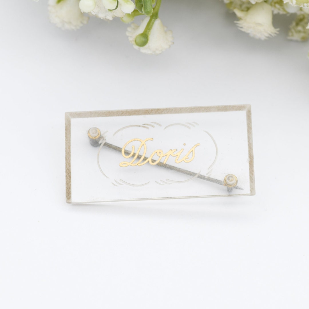 Vintage Lucite Reverse Carved Name Doris Brooch - Gold Painted Name Tag ...