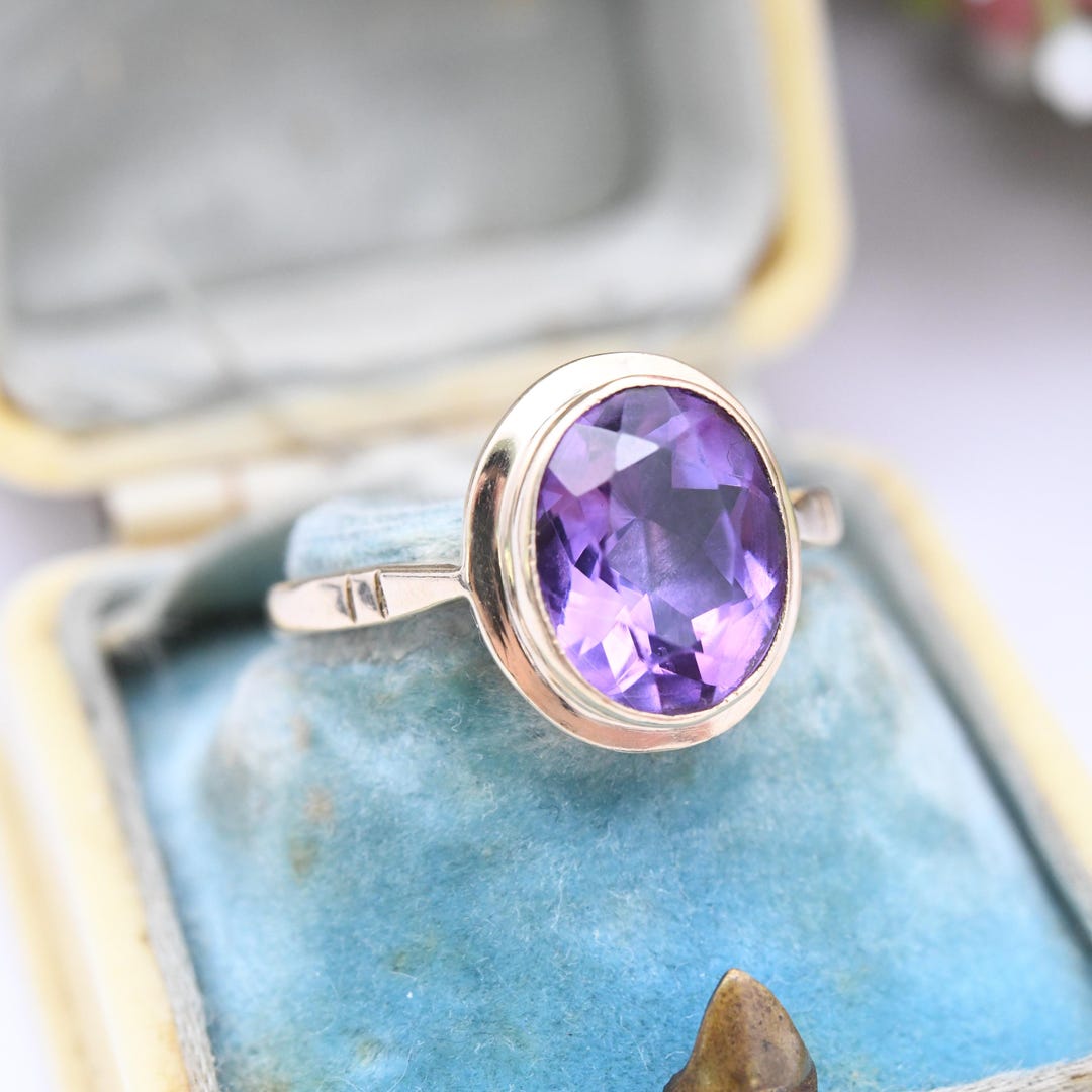 Vintage 9ct Gold Amethyst Ring 1968 - Mid-century Large Purple Faceted ...