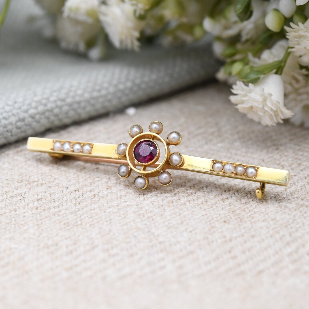 Antique 15ct Gold Ruby and Pearl Brooch - Flower Star Shaped | White ...