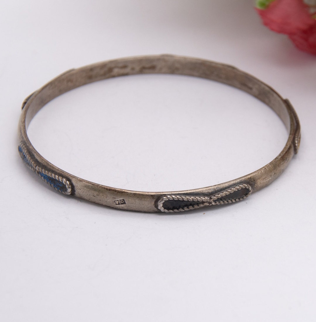 Vintage Egyptian Silver Bangle With Enamel and Twisted Rope Design ...