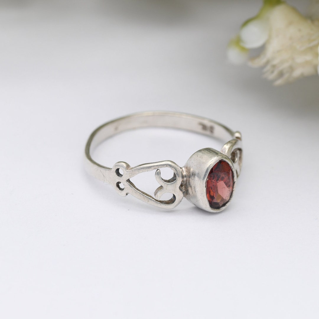 Vintage Silver and Garnet Ring - Openwork Love Heart Shoulders | Red ...