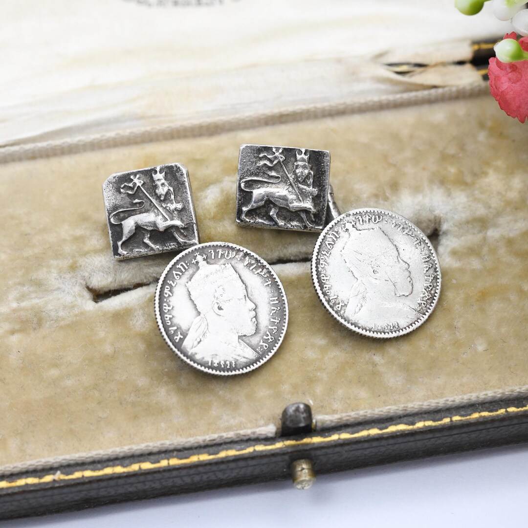 Antique Ethiopian Silver Coin Cufflinks With Lion of Judah Menelik II 1 ...
