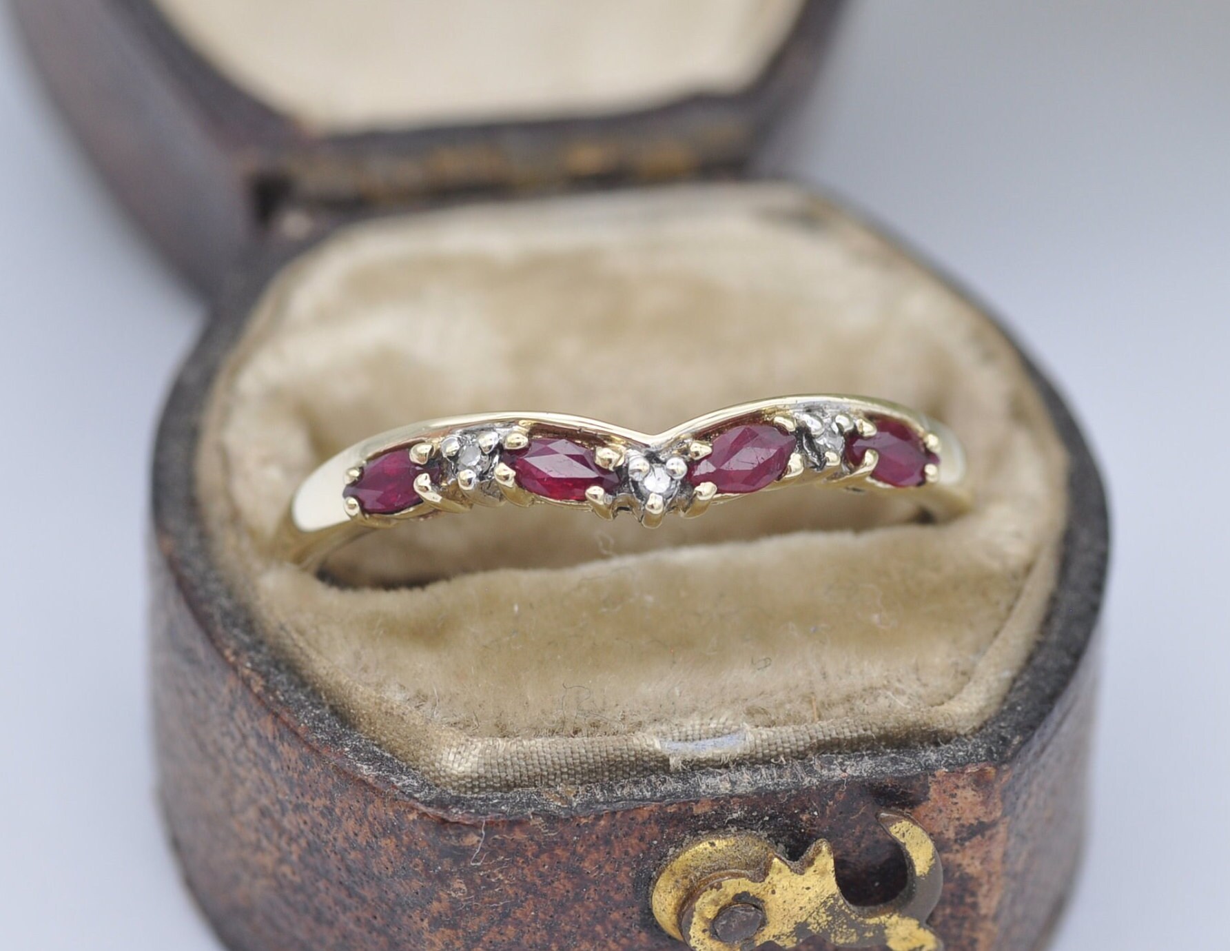 9ct Gold Diamond Ruby Wishbone Ring Chevron UK Size S - Etsy