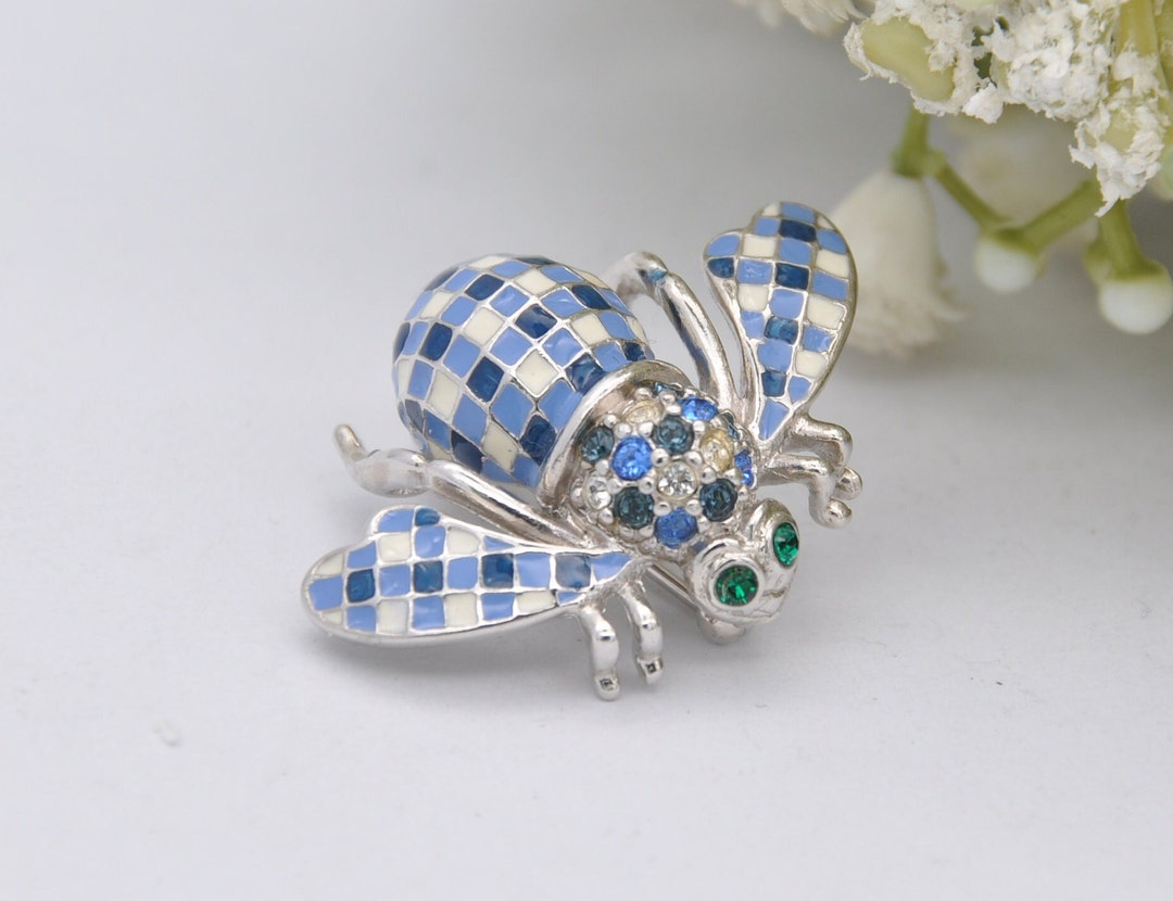 Vintage Joan Rivers Bee Brooch - Silver Tone Blue Enamel and Rhinestone ...