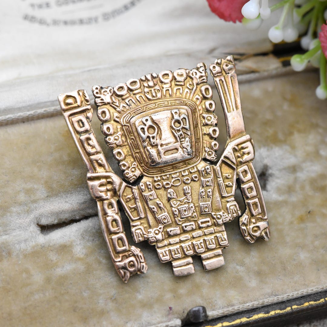 Vintage Peru Sterling Silver 18K Gold Brooch of Viracocha Incan Creator ...