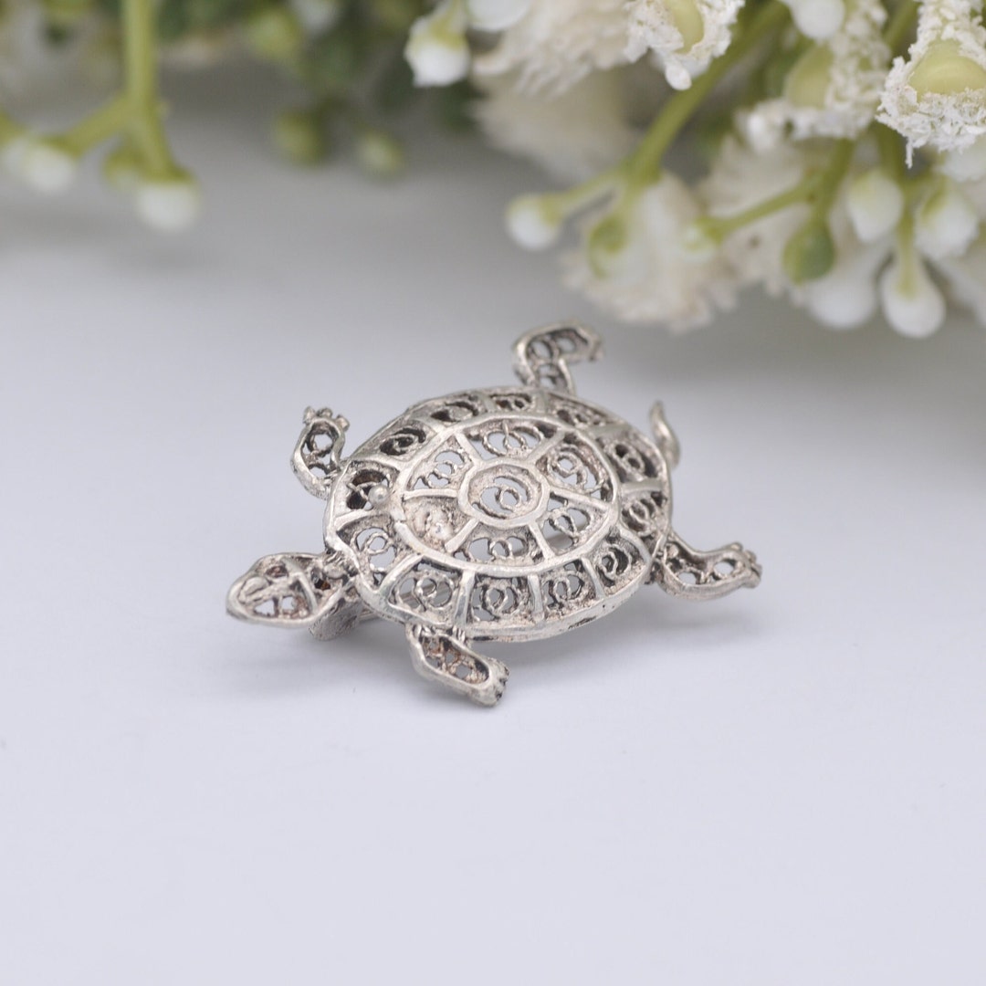 Vintage Sterling Silver Filigree Turtle Brooch - Openwork Novelty ...