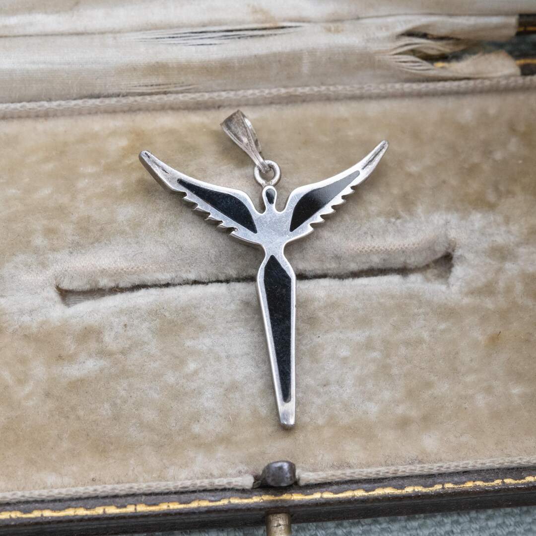 Vintage Lavaggi Sterling Silver and Onyx Angel Pendant - Minimalist ...