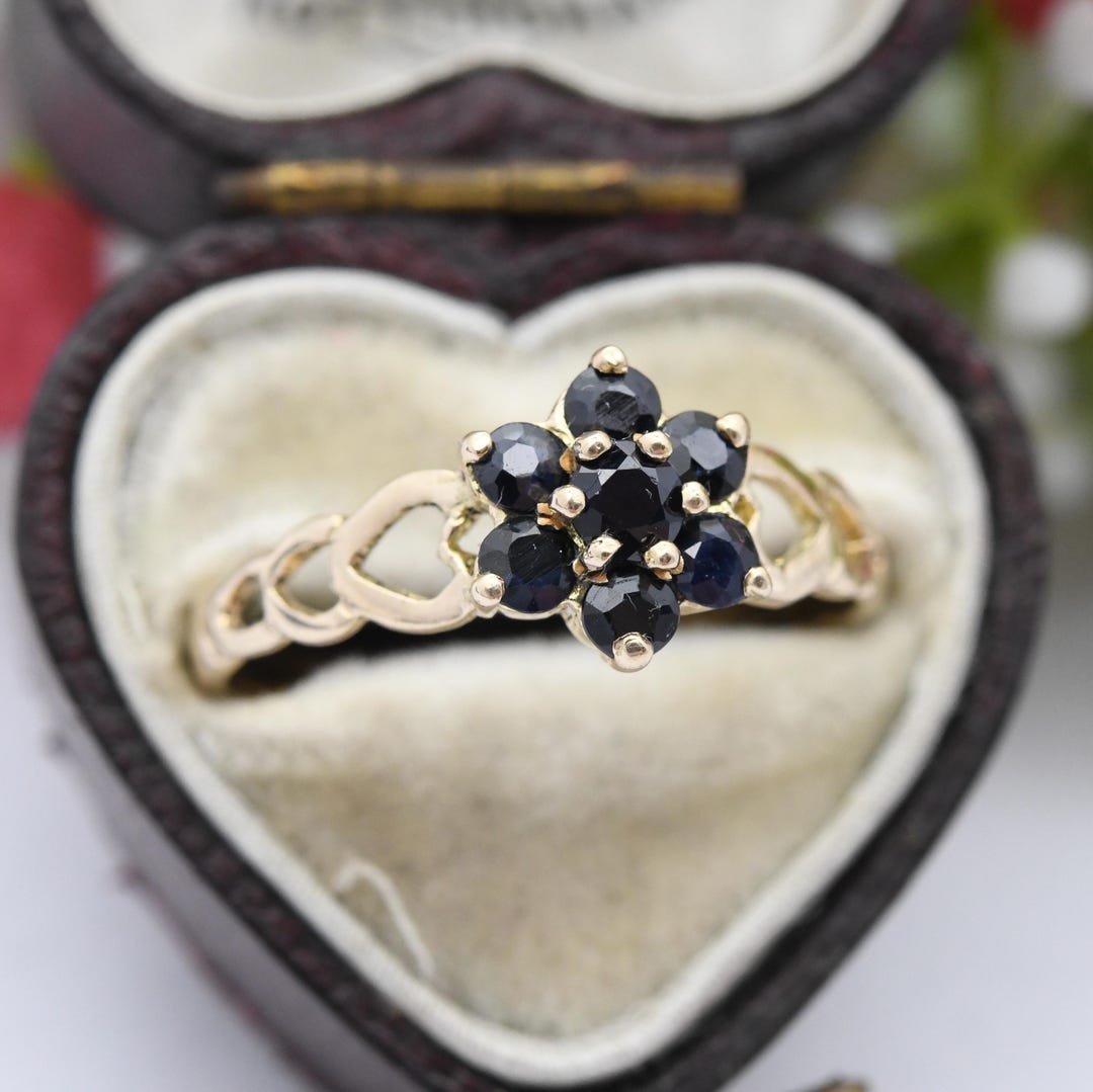 Vintage 9ct Gold Sapphire Flower Cluster Ring 1980 With Heart Shoulders ...